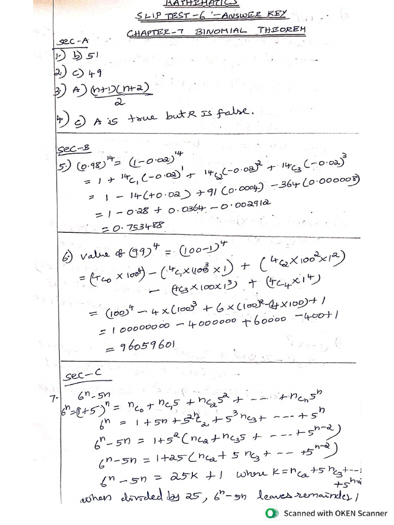 Math Slip Test 6 Answer Key | PDF