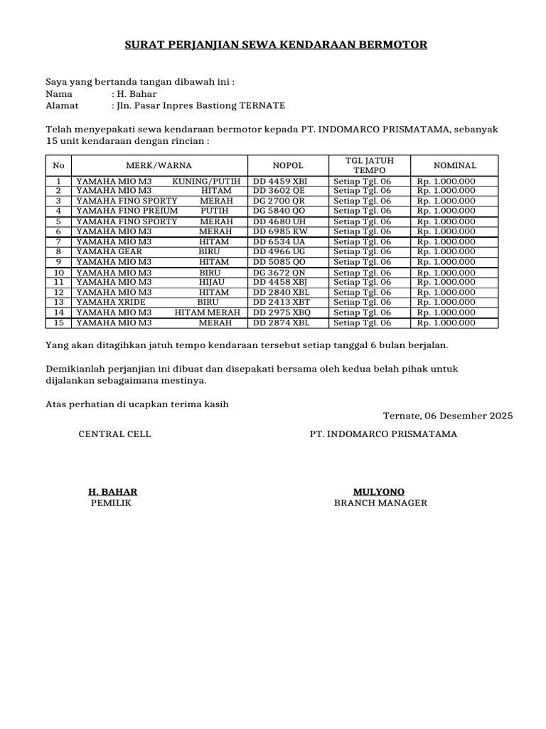 Surat Perjanjian Sewa Kendaraan Bermotor Haji Bahar Agustus | PDF