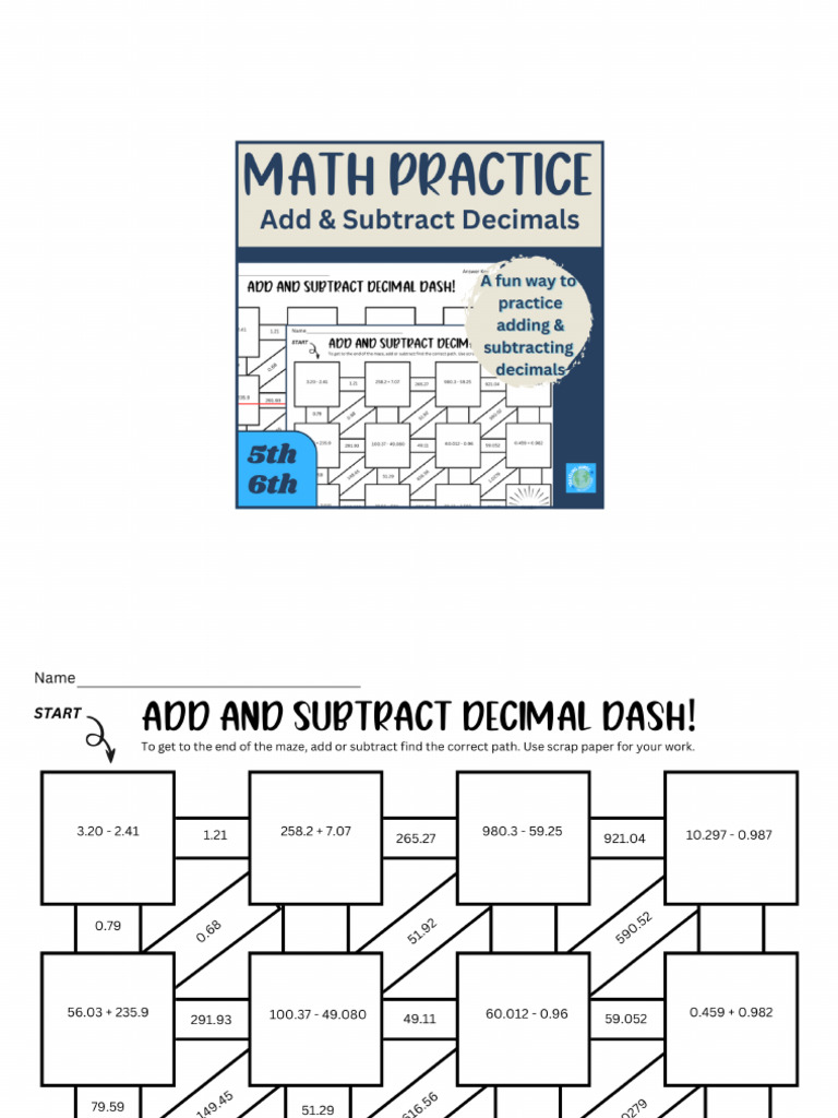 AddingSubtractingDecimalsMazeMathWorksheet5th6thGrades-1 | PDF