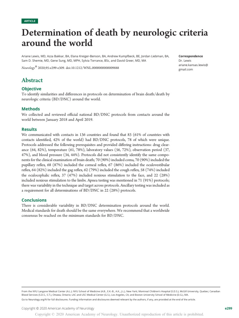 Lewis 2020 Determination of Death by Neurologic Criteria Around The ...