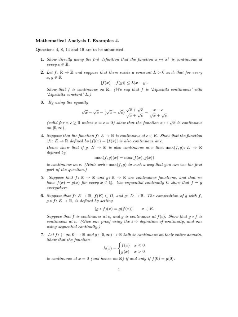 Example Sheet 4 (Moodle) | PDF | Continuous Function | Function ...