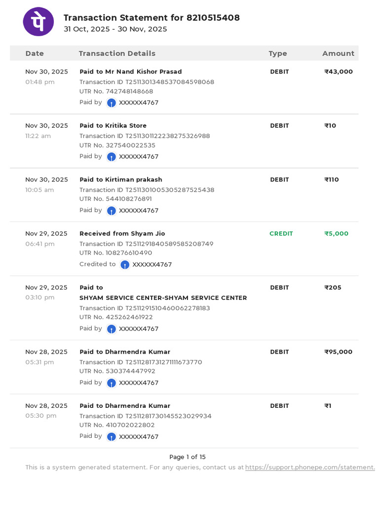 Transaction Statement Summary 8210515408 | PDF | Debit Card | Rupee