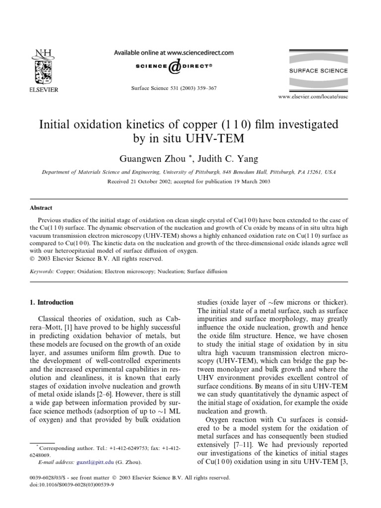 Initial Oxidation Kinetics of Copper (1 1 0) Film Investigated by in ...