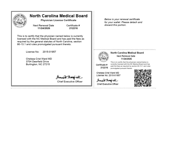 NC Medical Board Physician License Certificate | PDF