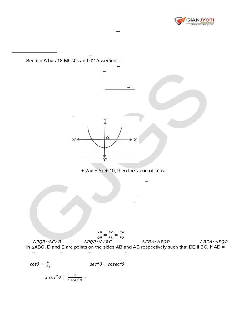 Class 10 Maths Sample Paper Term 1 | PDF | Quadratic Equation | Polynomial