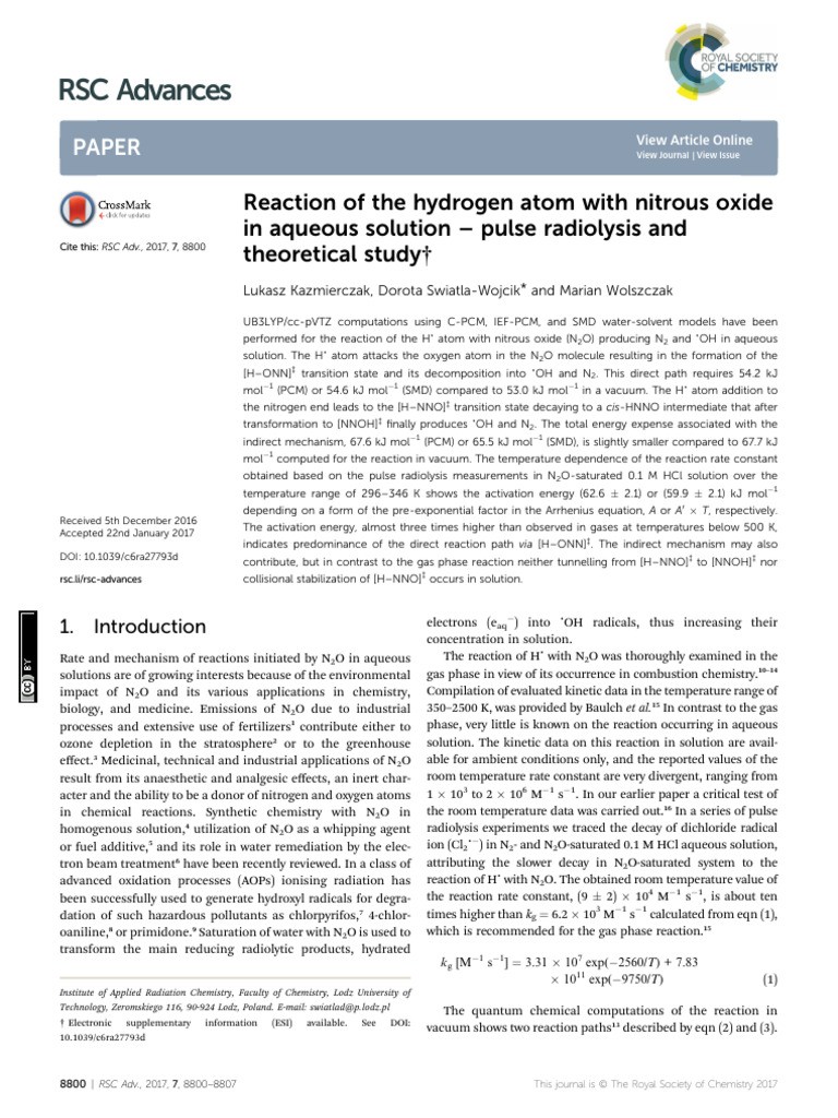 2017 N2O+H Eakt | PDF | Chemical Reactions | Solvation