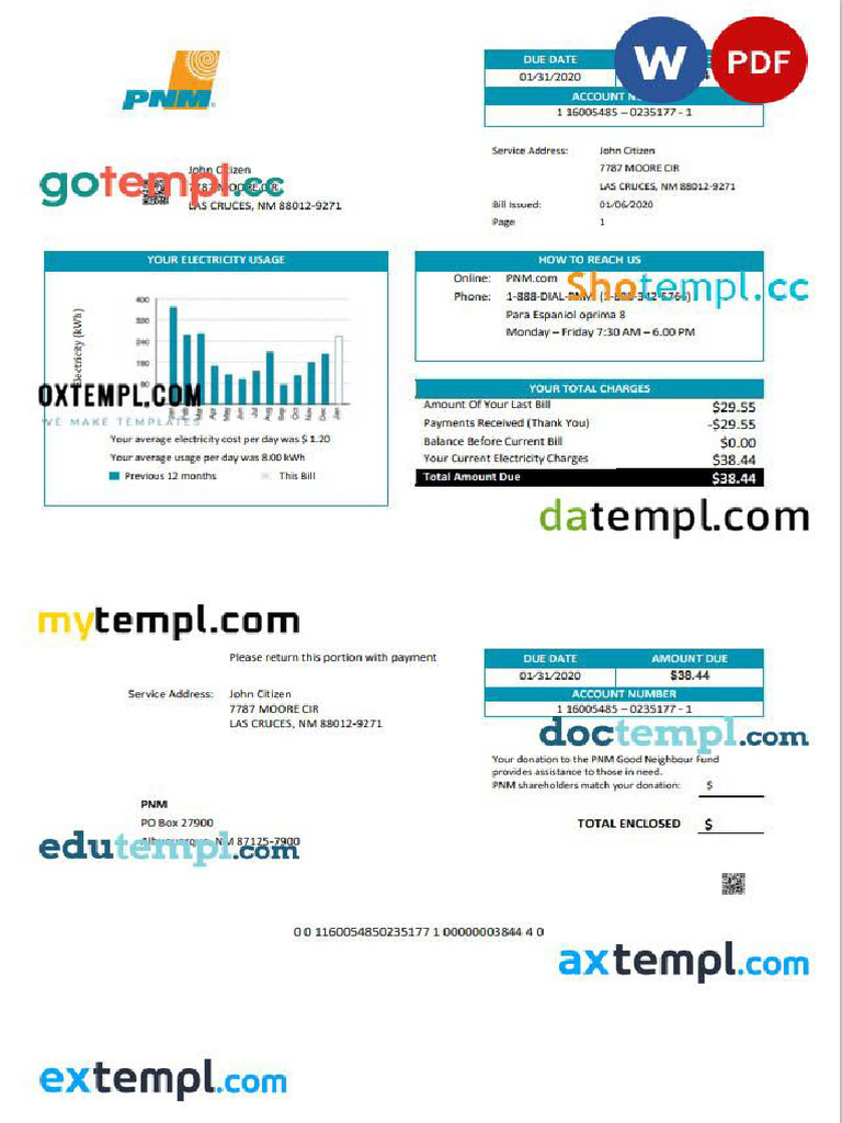 Doctempl - USA New Mexico PNM Easy Fillable Utility Bill Template in ...
