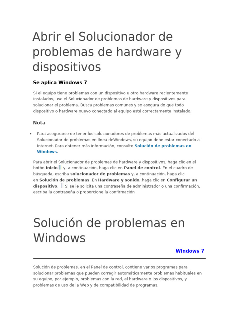 Abrir El Solucionador de Problemas de Hardware y Dispositivos | PDF ...