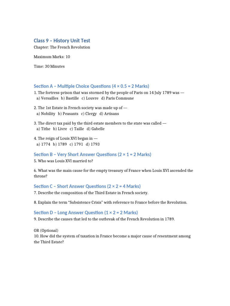 Class 9 History Test: French Revolution | PDF