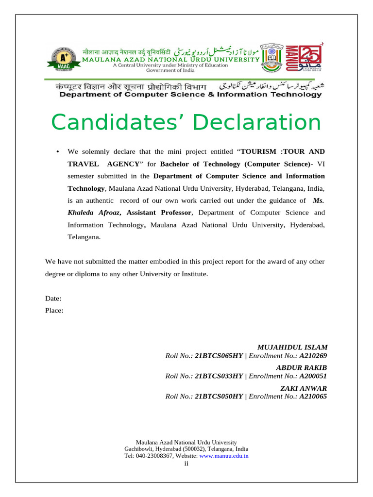 Candidates' Declaration for Tourism Project | PDF