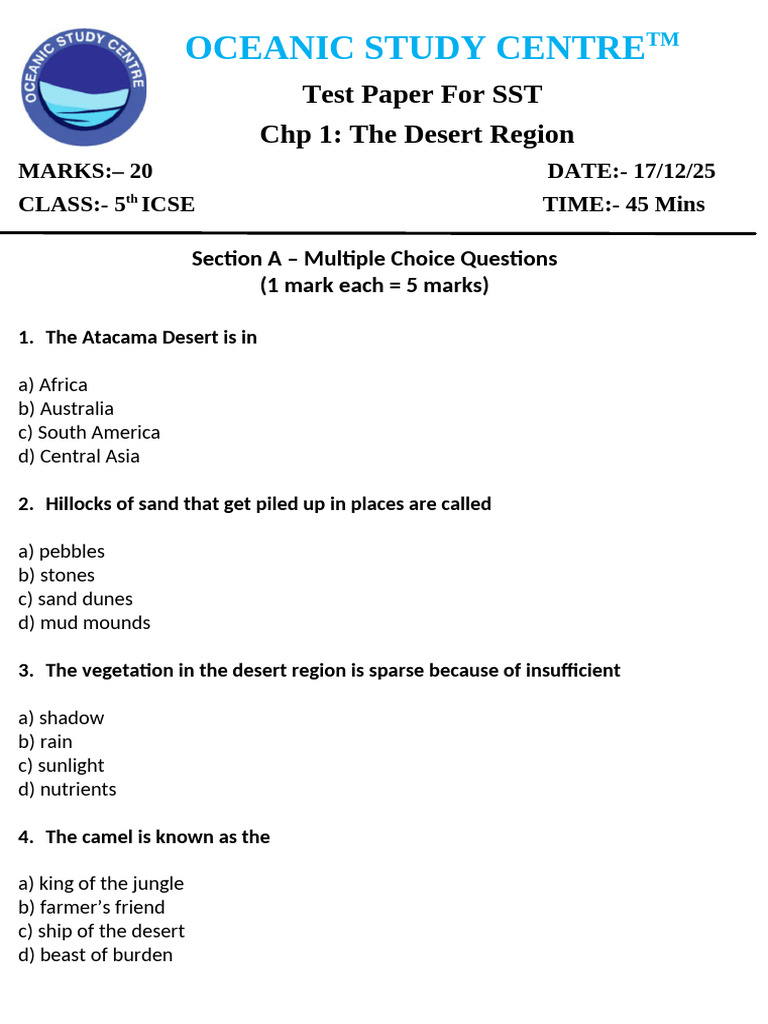 5th ICSE SST Chp-1 Test Paper | PDF