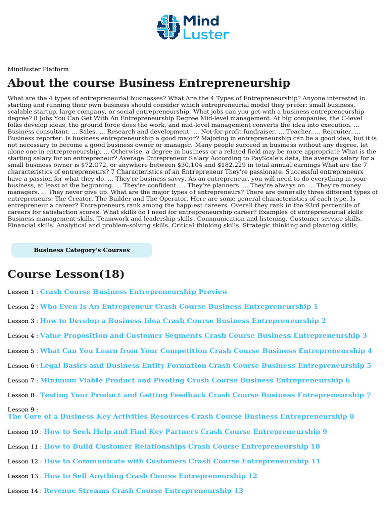 Business Entrepreneurship Course Content | PDF | Entrepreneurship ...
