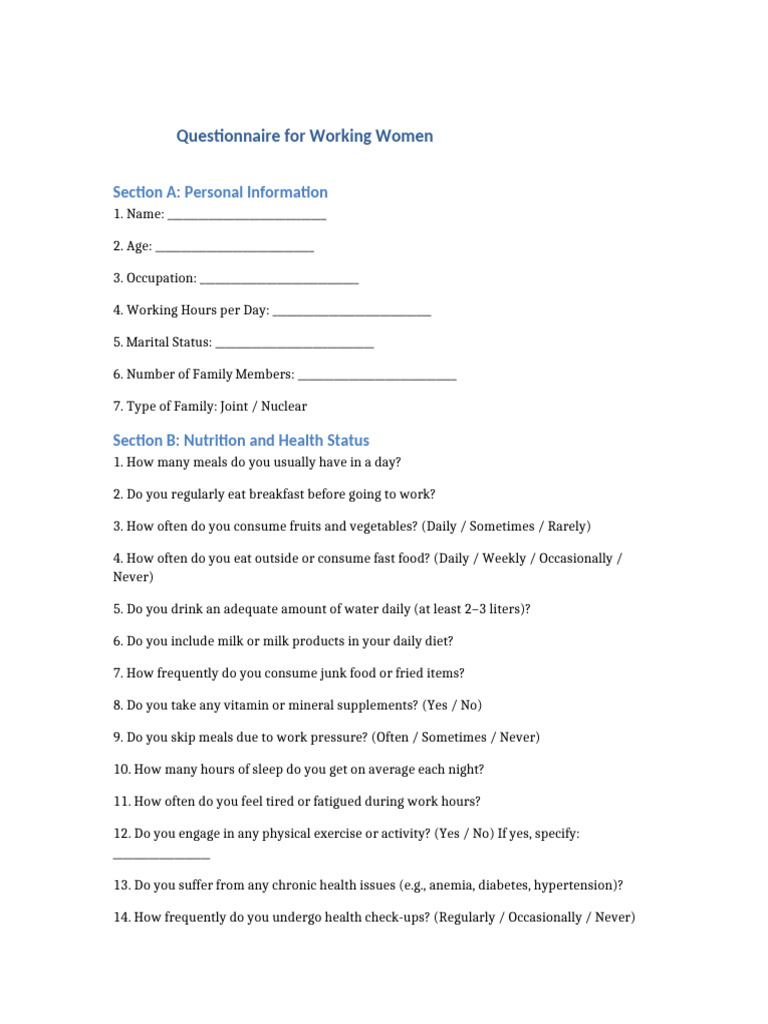 Health Status of Working Women Questionnaire | PDF