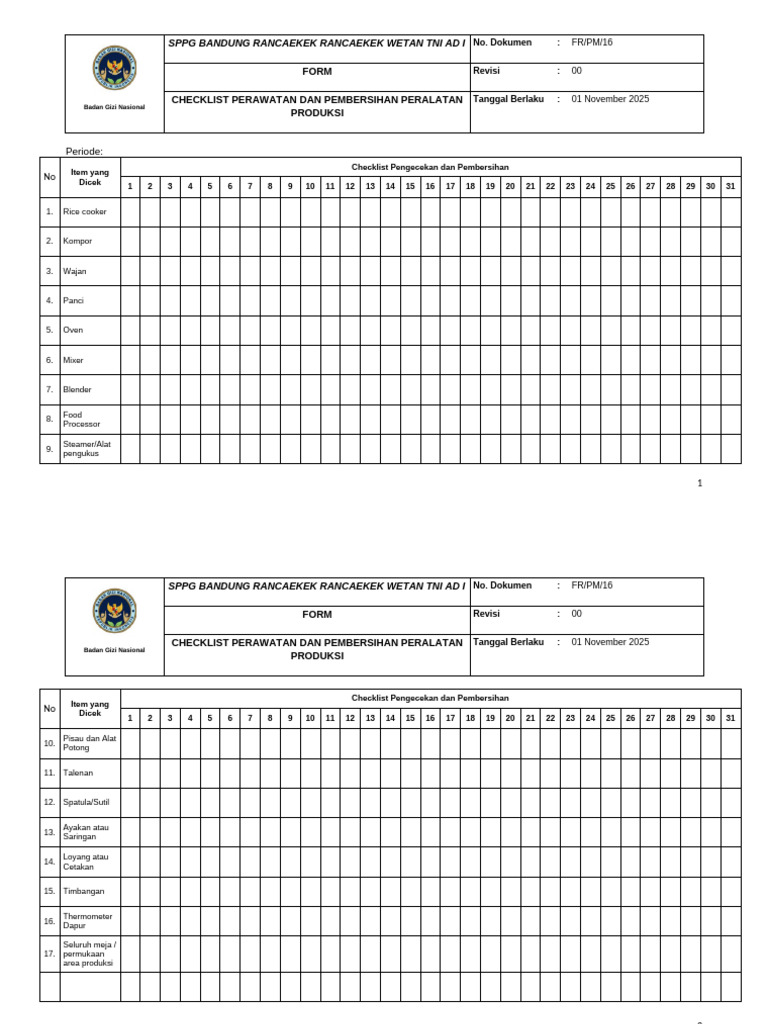 Checklist Perawatan Peralatan Dapur | PDF