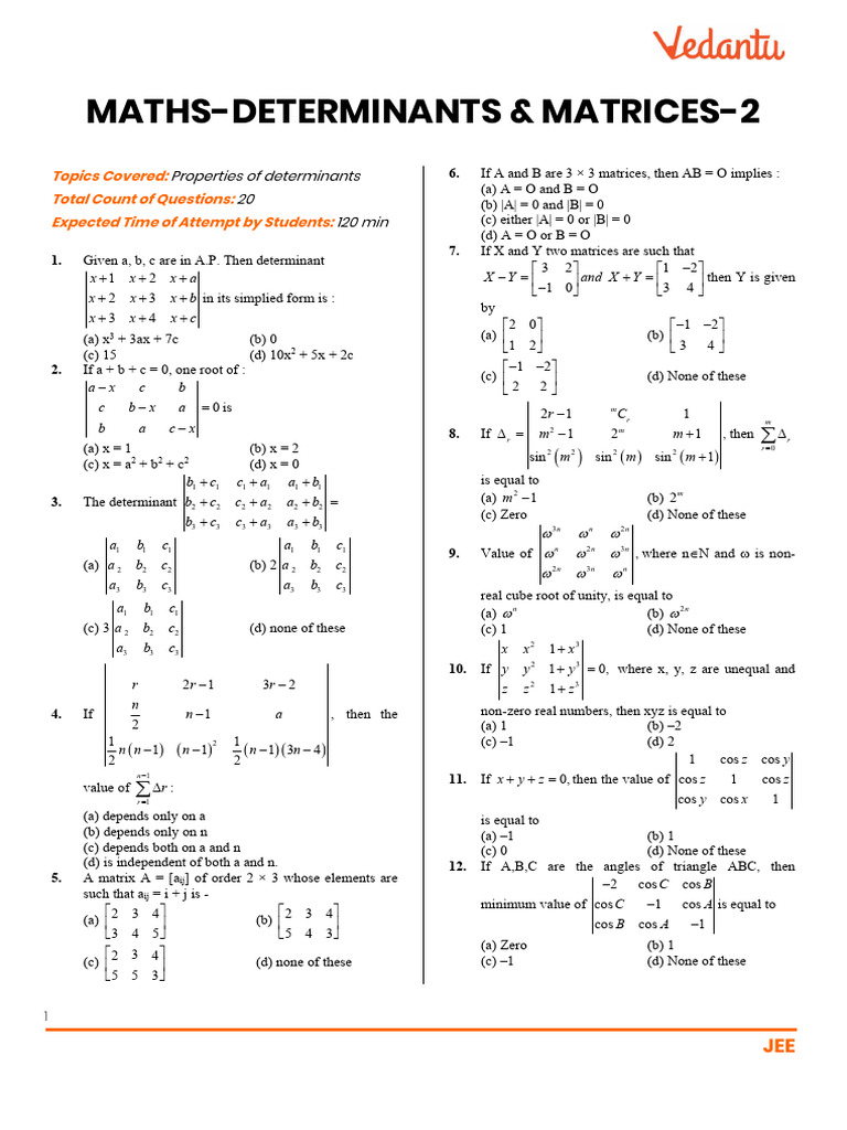 JEE Maths: Determinants & Matrices Quiz | PDF | Determinant | Mathematics