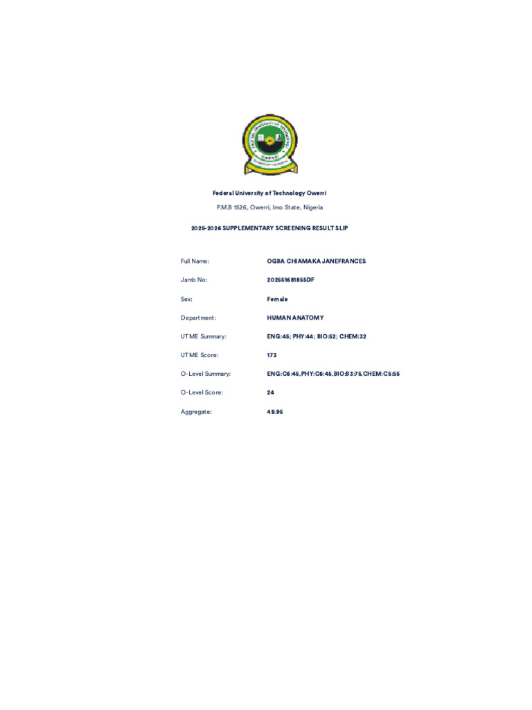 2025-2026 FUTO Screening Result Slip | PDF