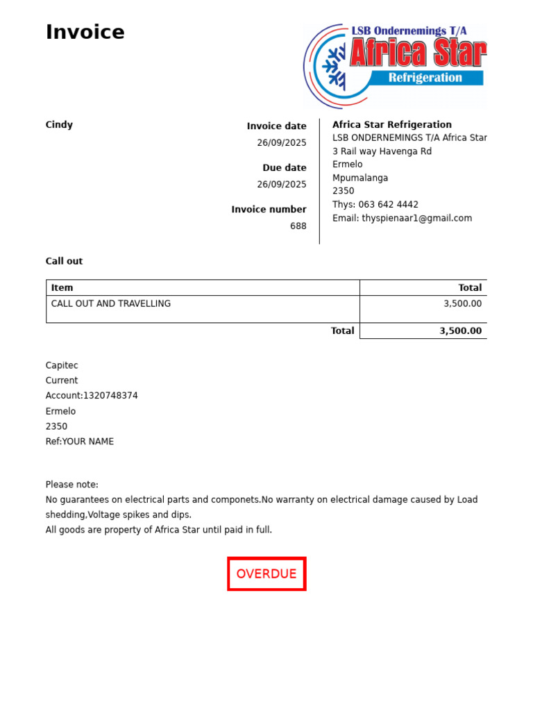 Invoice for Africa Star Refrigeration | PDF