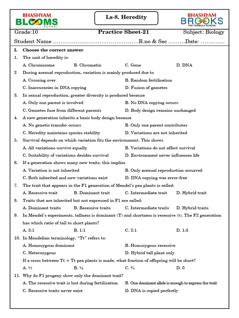 G10 Ls-8 Heredity Practice Sheet-21 | PDF | Genotype | Dominance (Genetics)