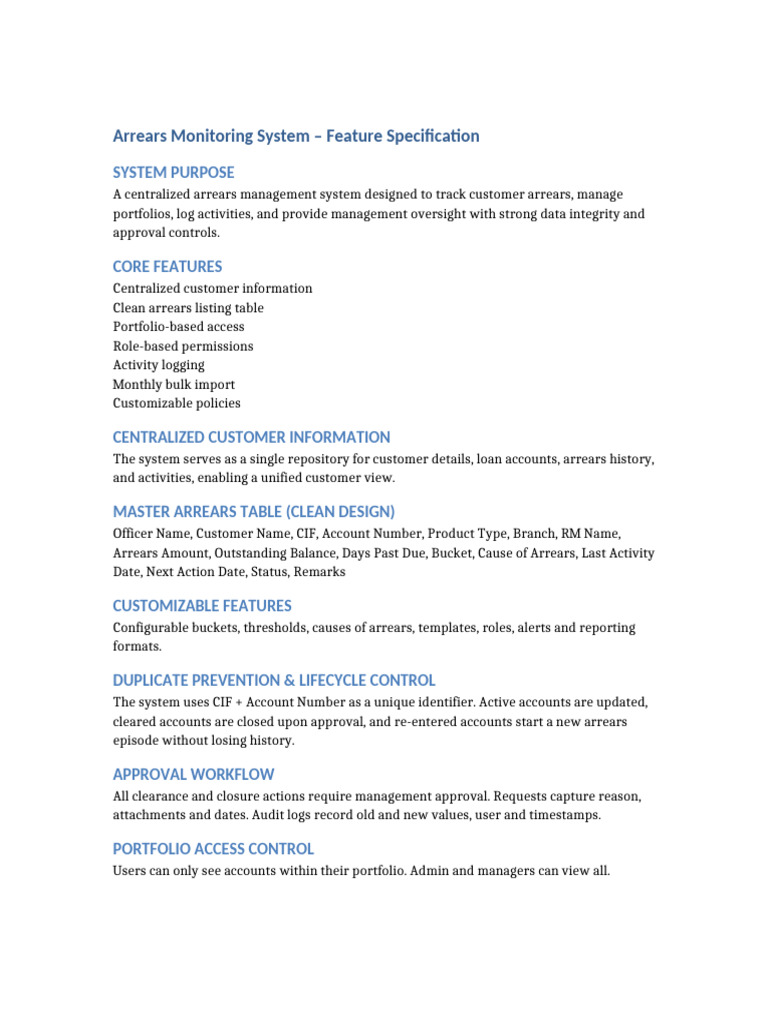 Arrears Management System Features Overview | PDF