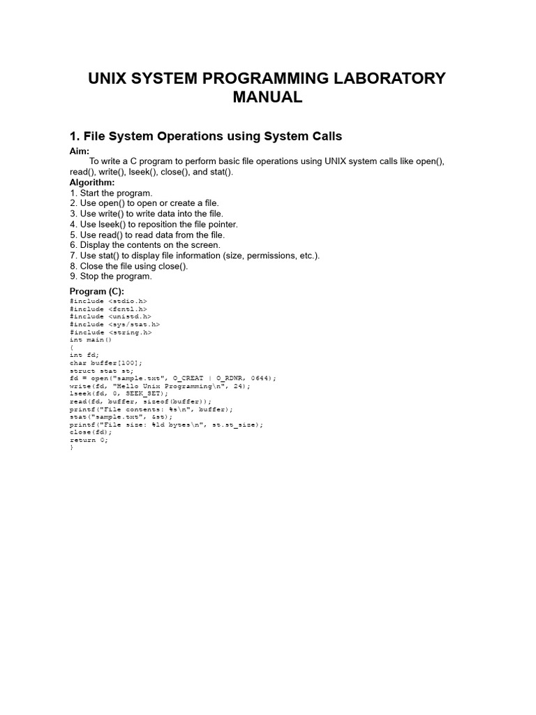 UNIX System Programming Lab Manual (1) | PDF | Computer File | System ...