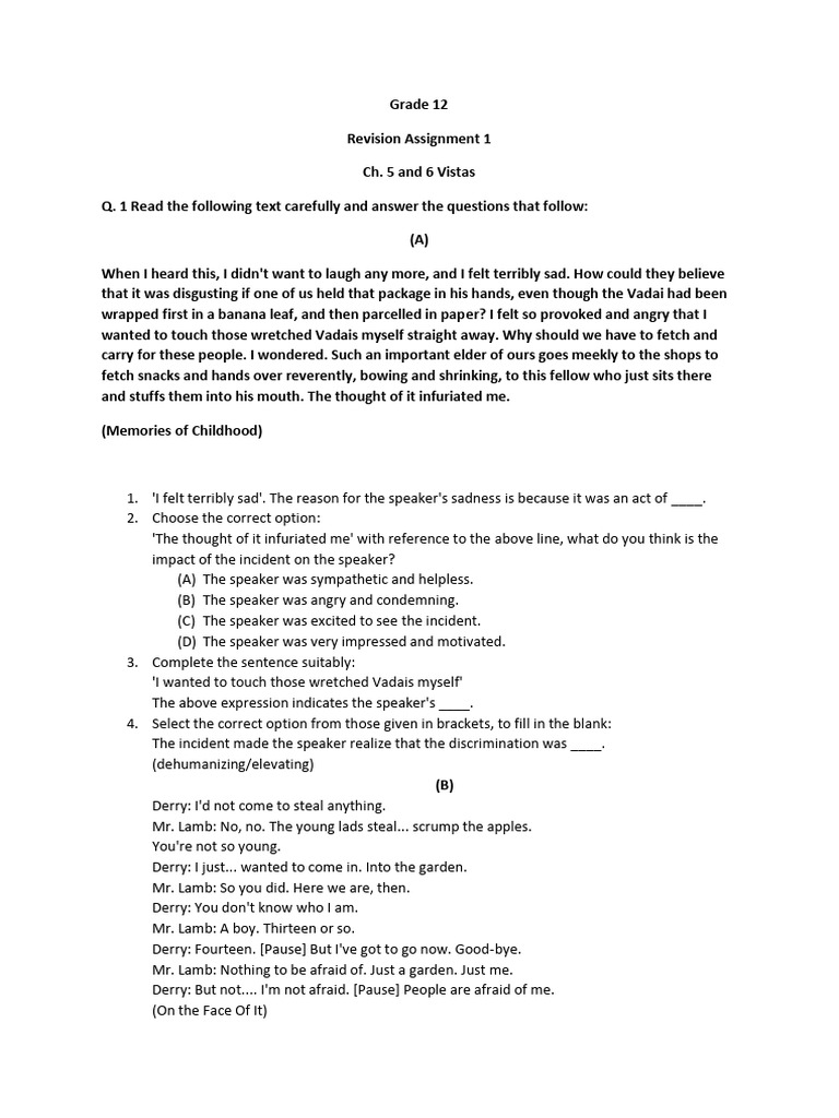 Grade 12 Revision Assignment Ch. 5 and 6 Vistas | PDF
