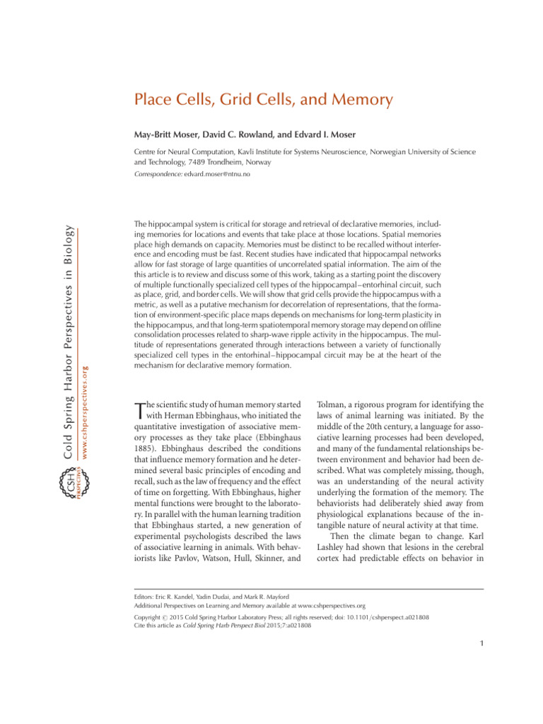 Place Cells, Grid Cells, And Memory | PDF | Hippocampus | Memory