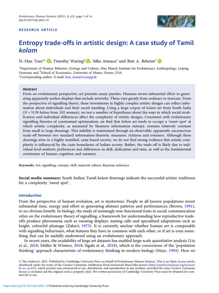 Entropy Trade-Offs in Artistic Design a Case Study of Tamil Kolam | PDF ...