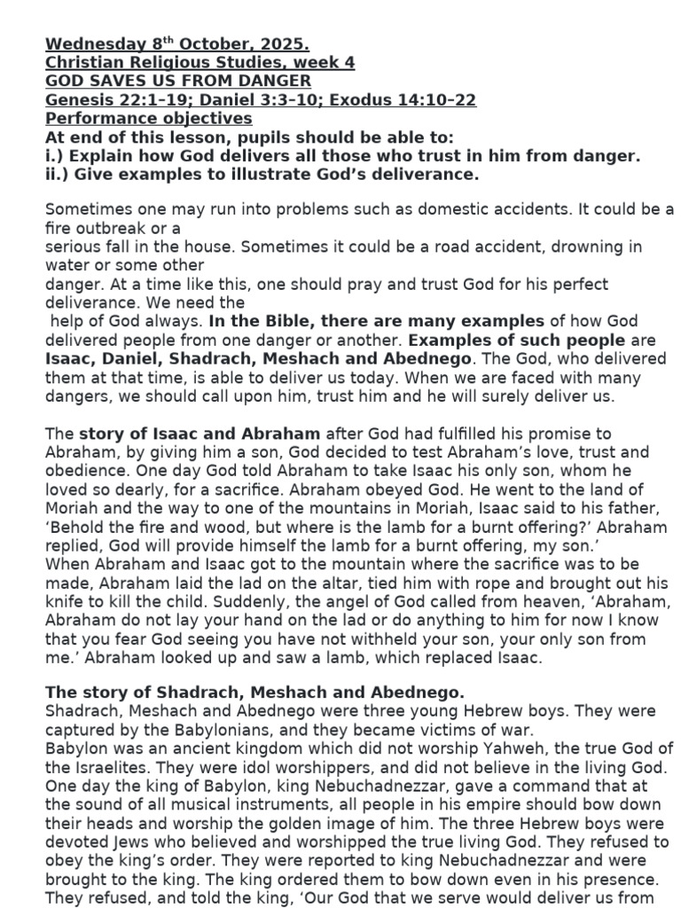 1st Term CRK, Wk4 God Saves From Danger GR 5 | PDF | Shadrach, Meshach ...