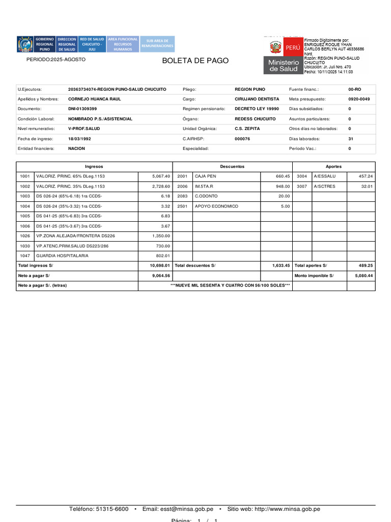 Bol Pago Dni 01309399 2025-AGOSTO Activos PDF | PDF