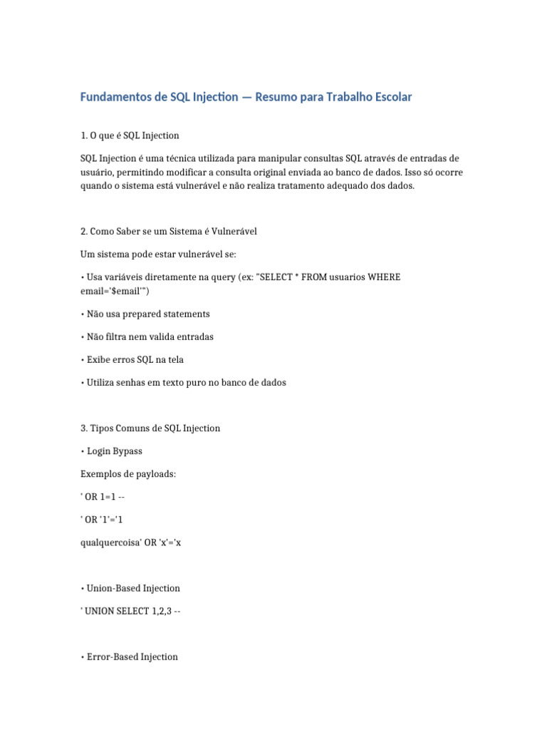 Resumo SQL Injection | PDF
