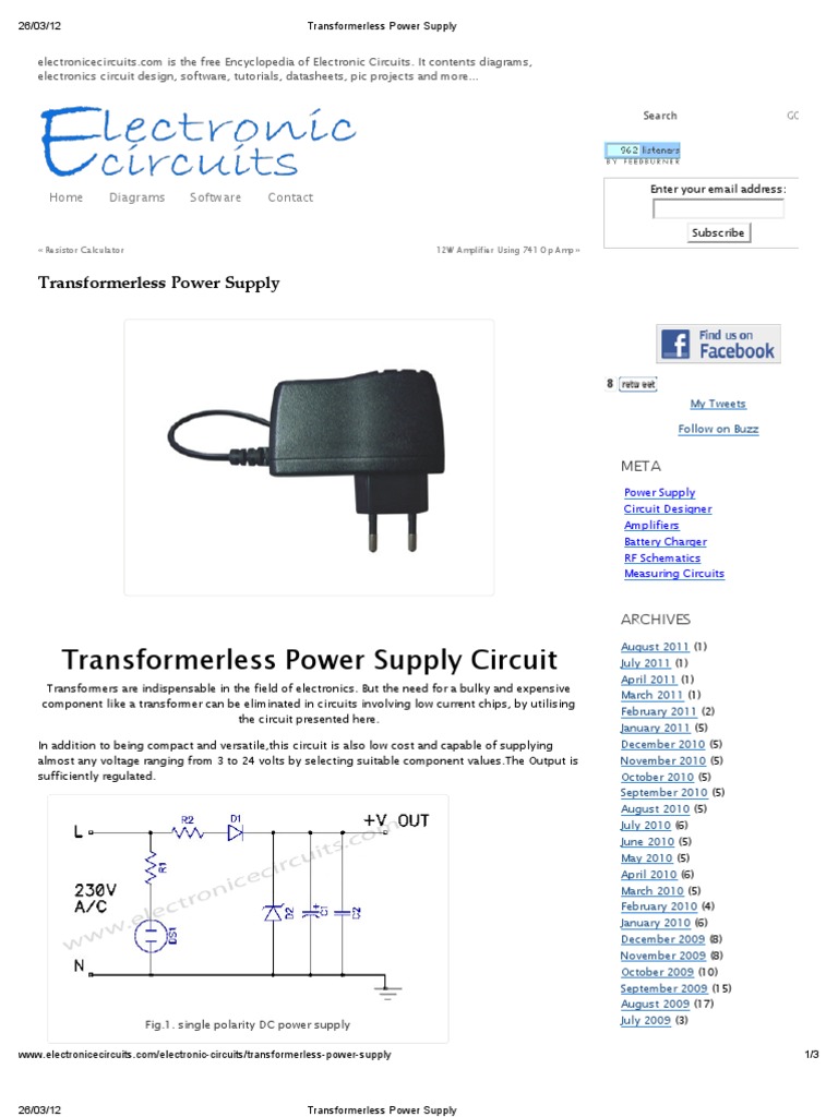 Transformerless Power Supply Circuit | PDF | Power Supply | Electronic ...