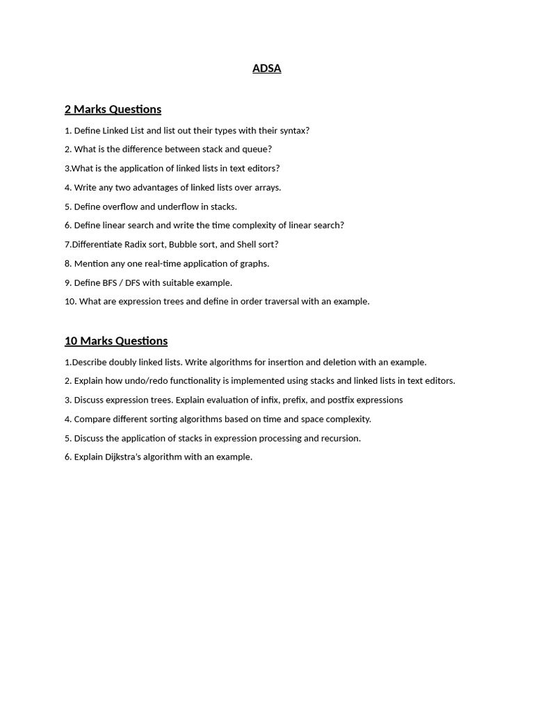 Adsa Mid I Important Questions | PDF