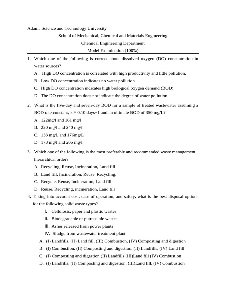 Chemical Engineering Model Examination | PDF | Pump | Reaction Rate