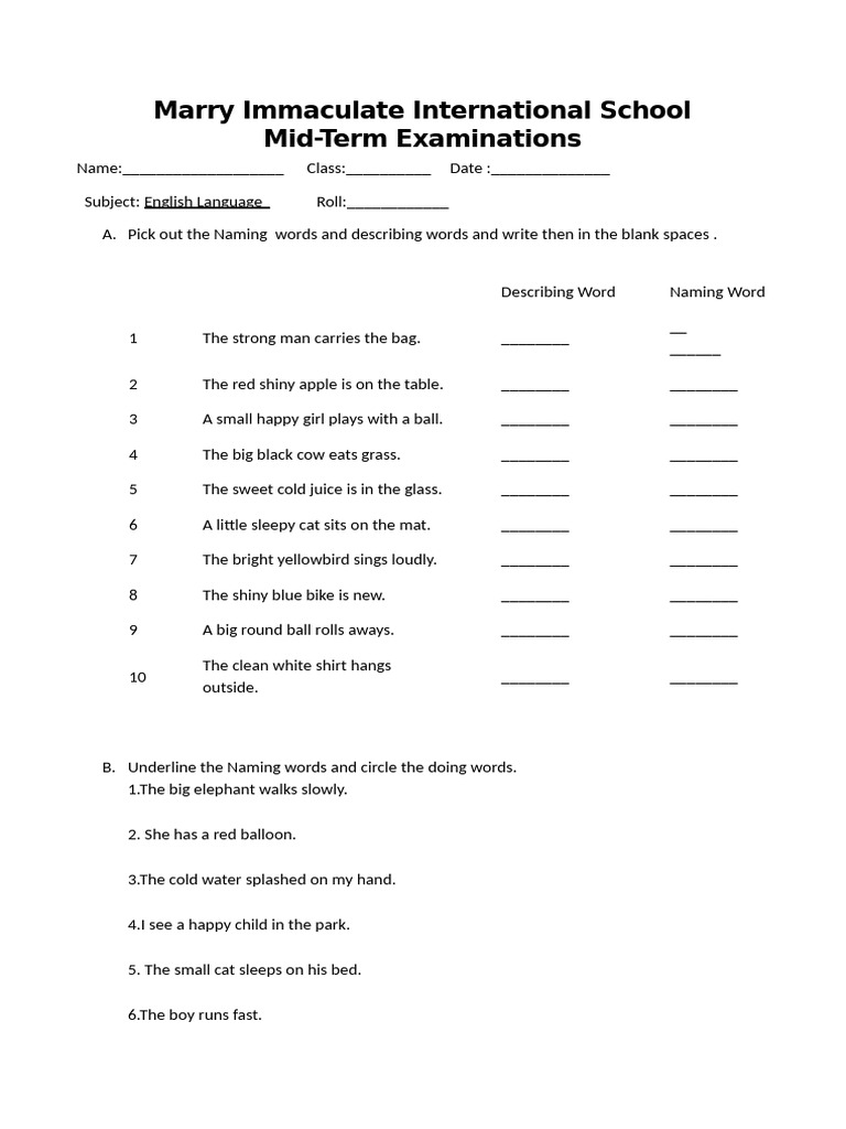 English Language Mid-Term Exam Template | PDF