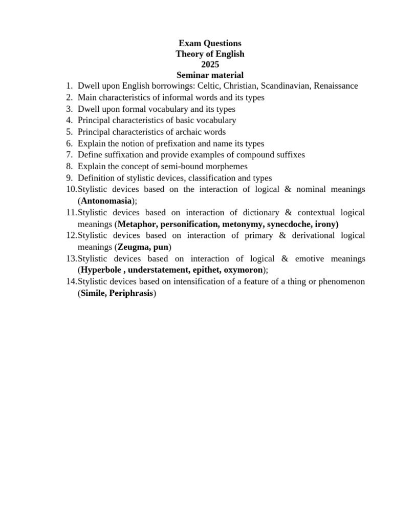English Language Theory Exam Topics | PDF