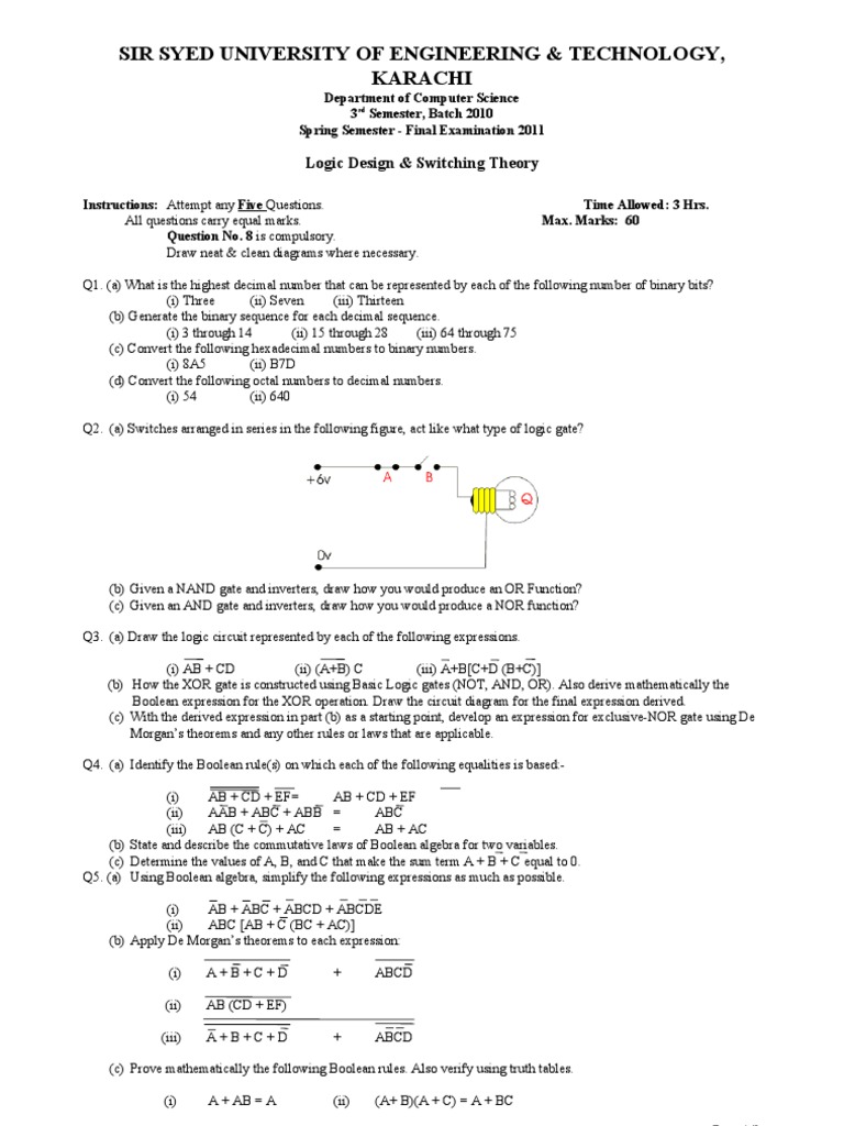 SSUET Logic Design Exam Paper 2011 | PDF | Boolean Algebra | Teaching ...