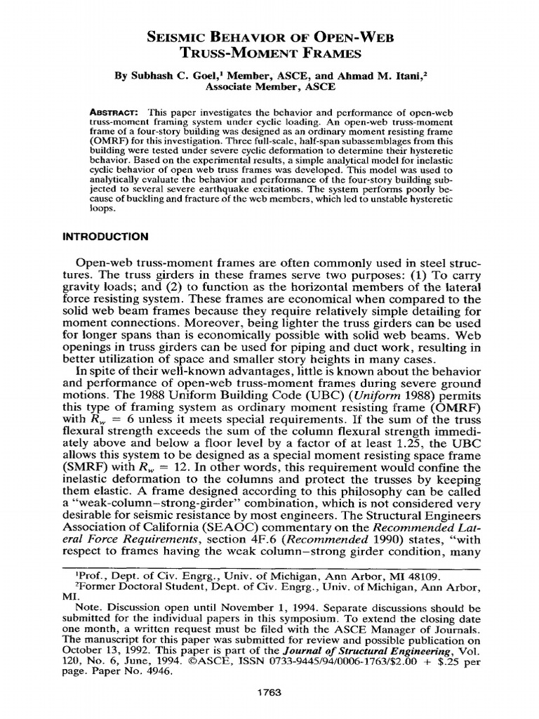 1-Seismic Behavior of Open Web Truss Moment Frames. | PDF | Buckling ...