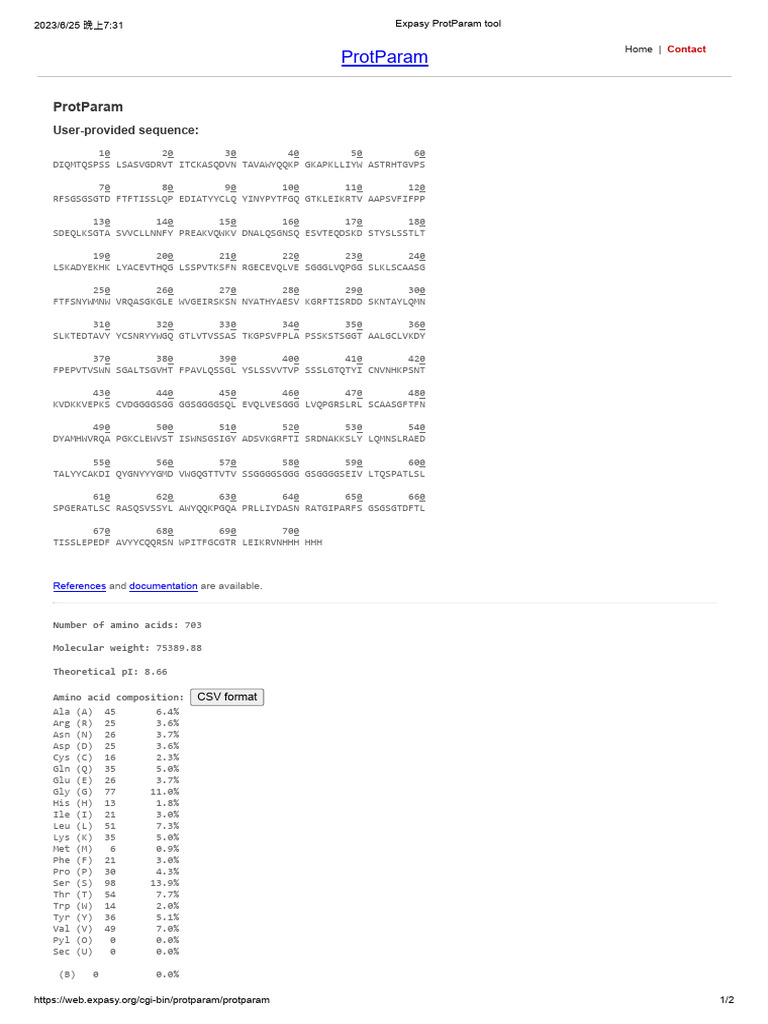 ProtParam Analysis of Protein Sequence | PDF | Amino Acid | Biomolecules
