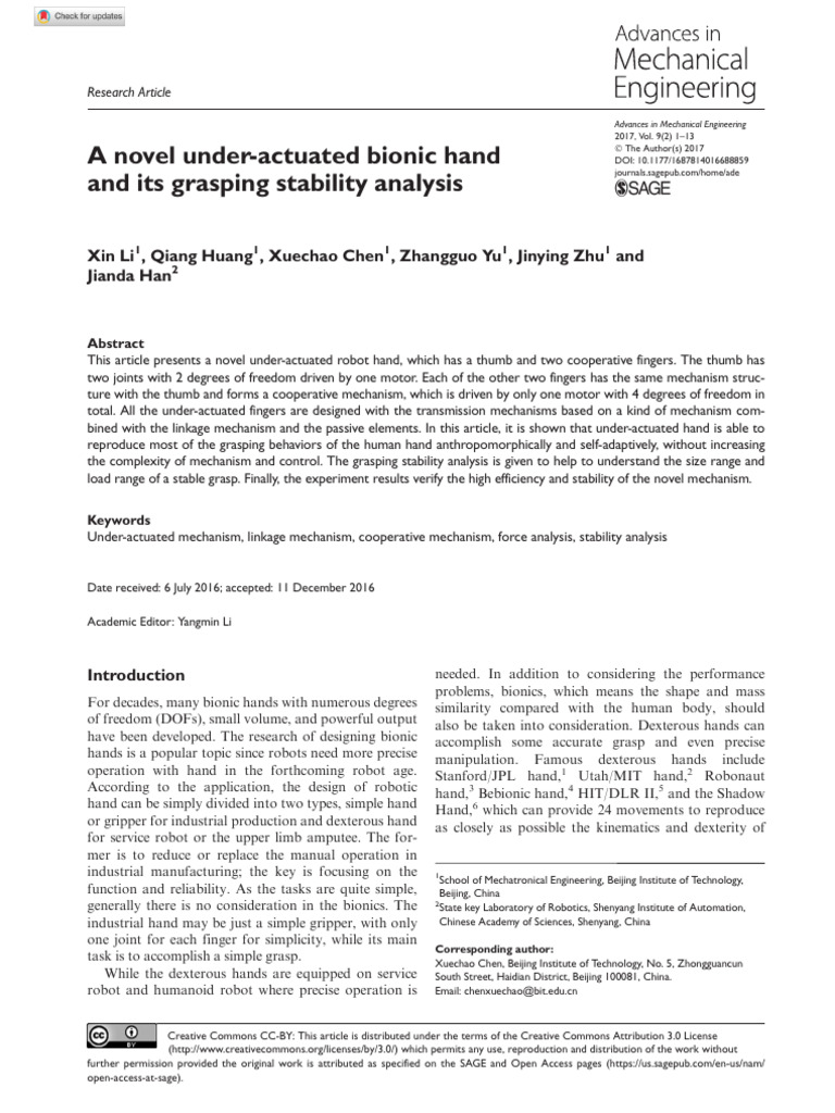 Li Et Al 2017 A Novel Under Actuated Bionic Hand and Its Grasping ...