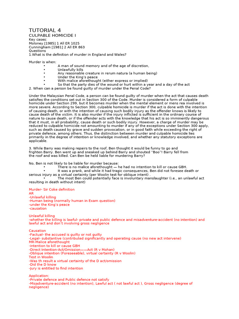 Tutorial 4 1 | PDF | Manslaughter | Murder
