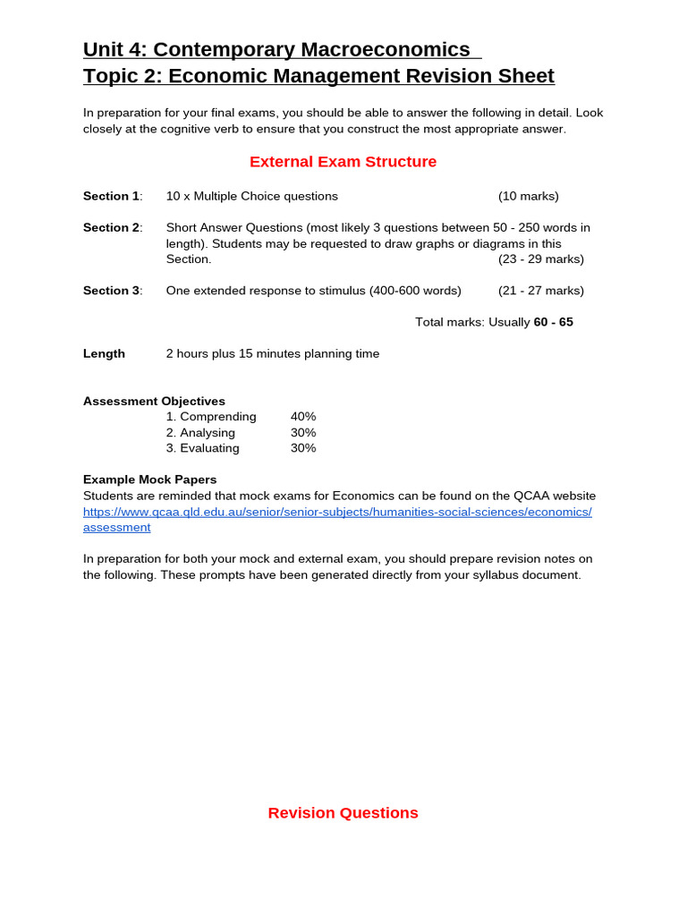 Unit 4 - Topic 2 - Economic Management Revision Sheet | PDF | Monetary ...