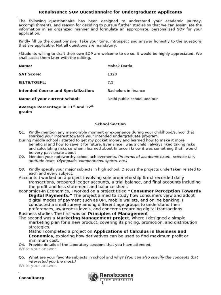 Undergraduate Finance SOP Questionnaire | PDF | Financial Technology ...