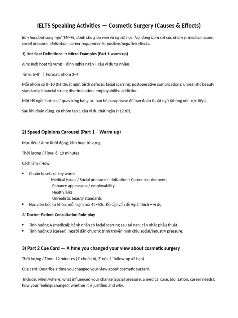 IELTS Speaking Activities Cosmetic Surgery Handout | PDF