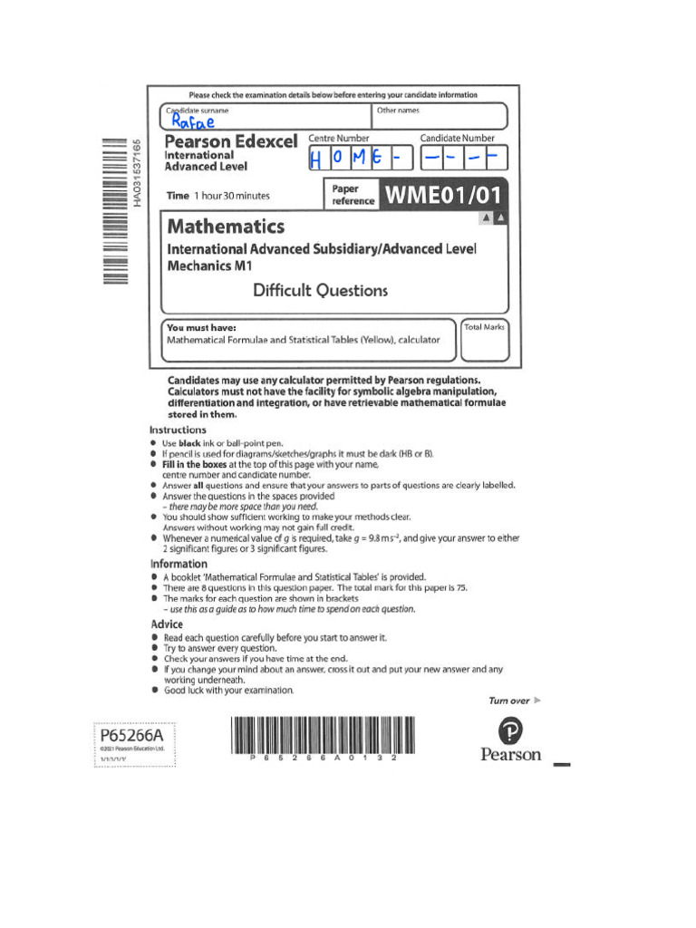 Edexcel M1 Difficult Questions | PDF | Mechanics | Mechanical Engineering