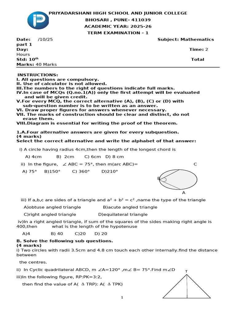 X Maths 2 First Term Exam 2025-26uma New | PDF | Circle | Triangle