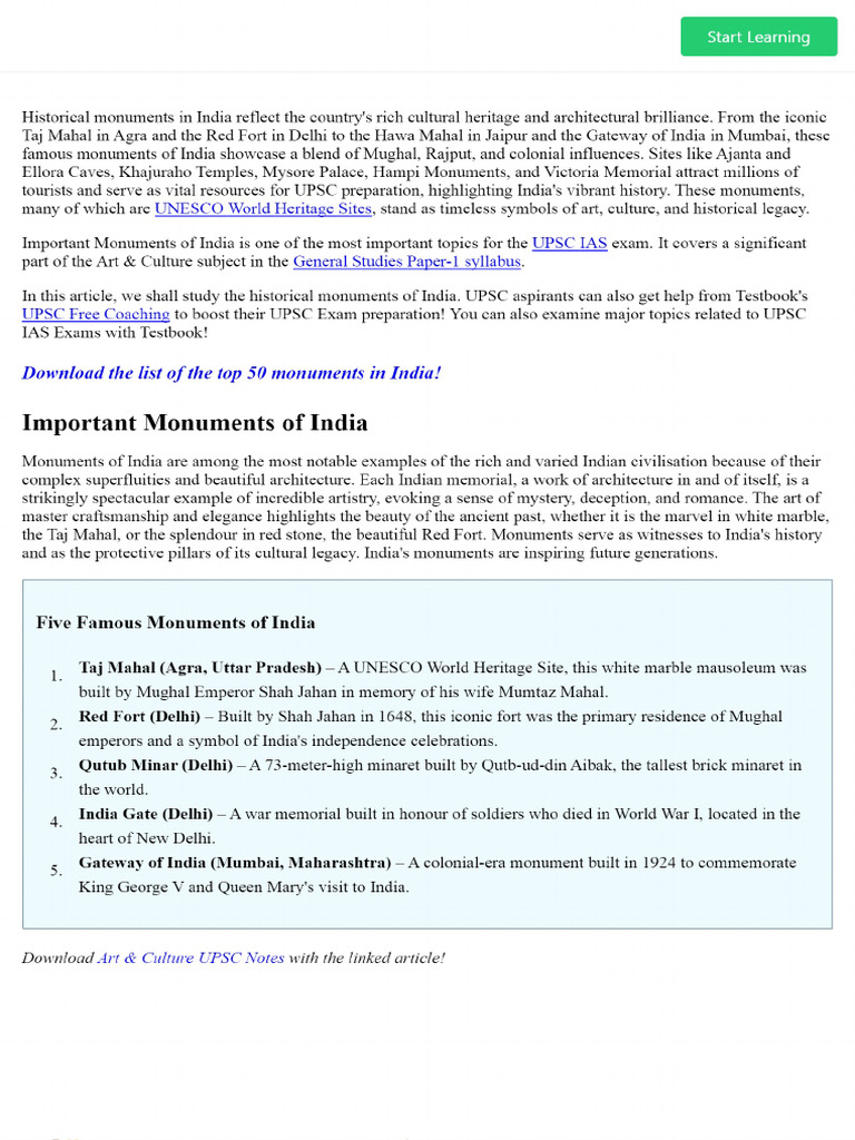 T. Important Monuments in India - List of Famous Historical Monuments | PDF