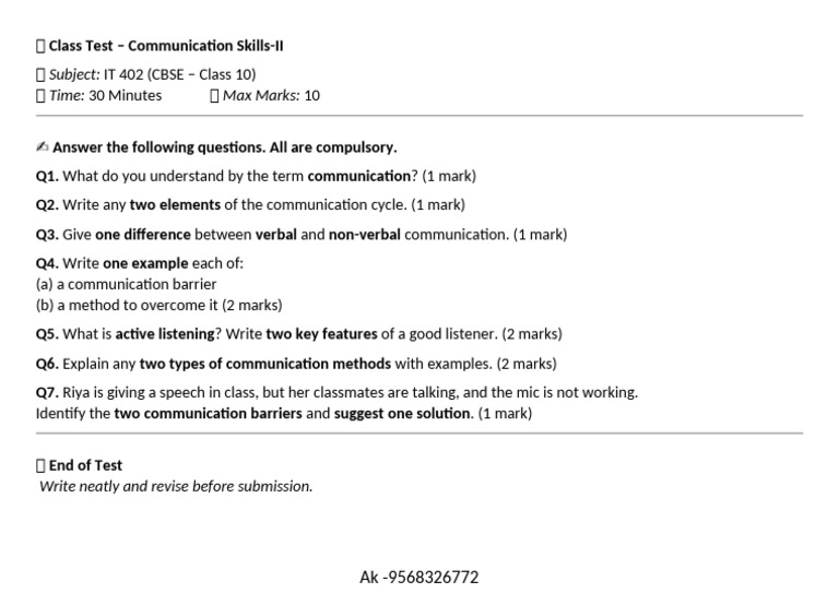 ? Class Test - Communication Skills-II | PDF
