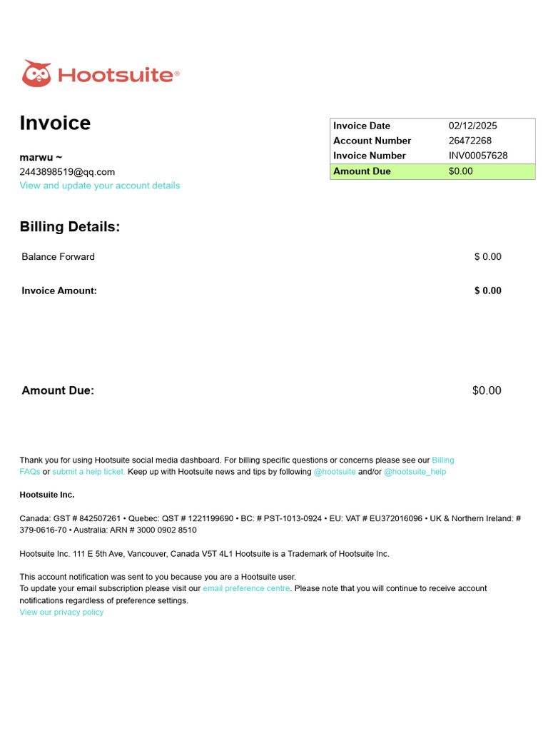 Hootsuite Invoice INV00057628 Details | PDF