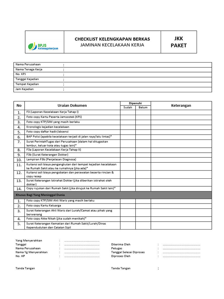 CheckList Kelengkapan Berkas JKK Paket.pdf | PDF
