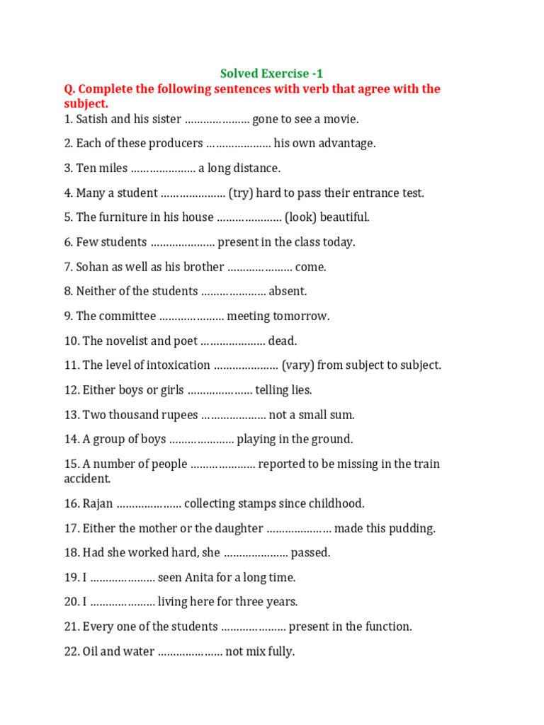 Subject Verb Concord. Excercise 1 | PDF